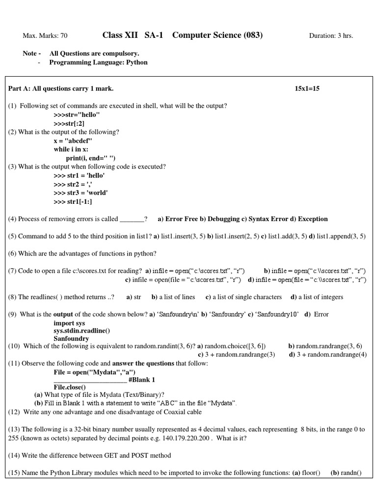 Xii Cs Practisepaper 5 Pdf Python Programming Language Computer Programming 