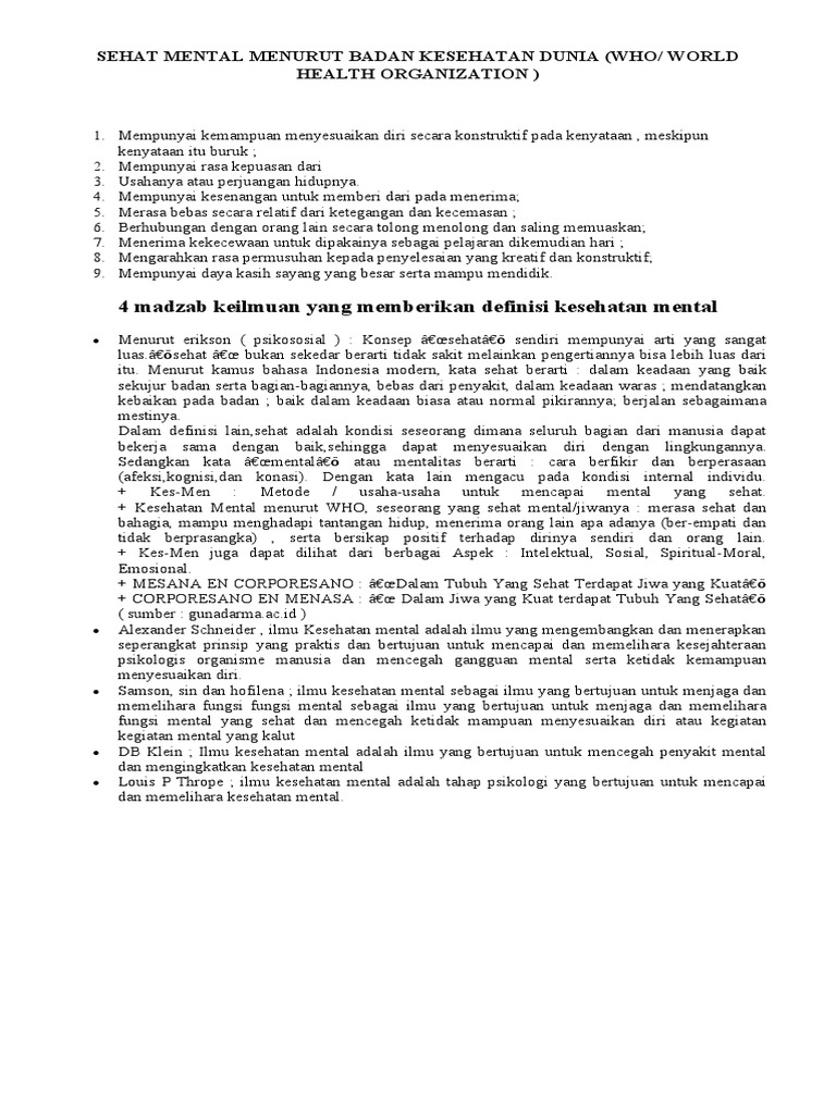 Sehat Mental Menurut Badan Kesehatan Dunia | PDF