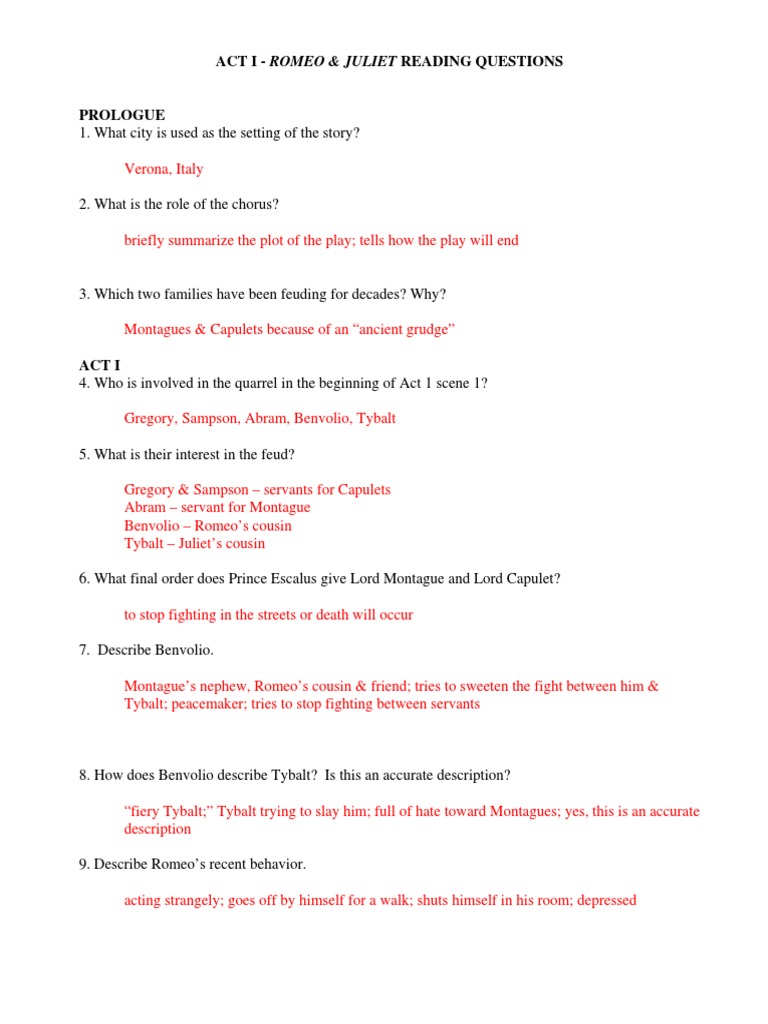 Prologue - Act I RJ Questions - Answers | PDF | Characters In Romeo And ...