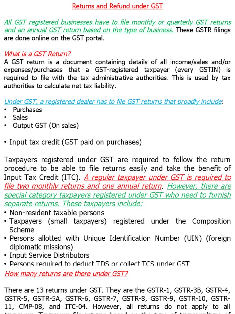 Returns and Refund Under GST | PDF | Taxes | Tax Credit