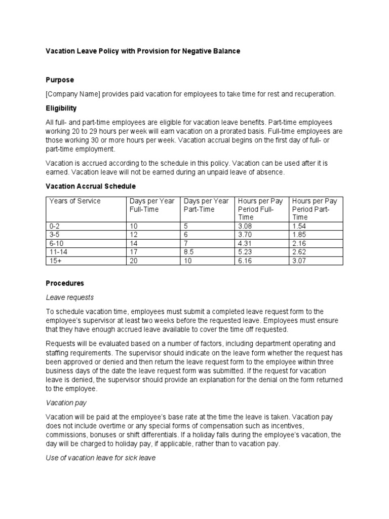 Vacation Leave Policy and Negative Balance | PDF | Accrual | Employment