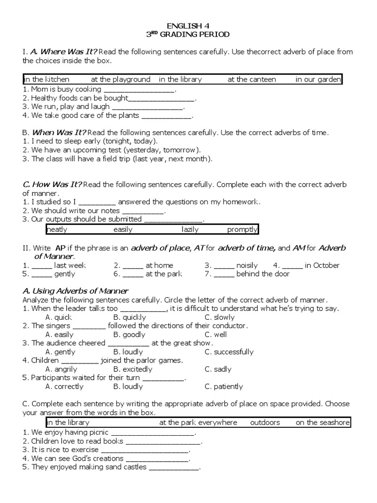 English 4 3rd Grading Period Adverb Review | PDF