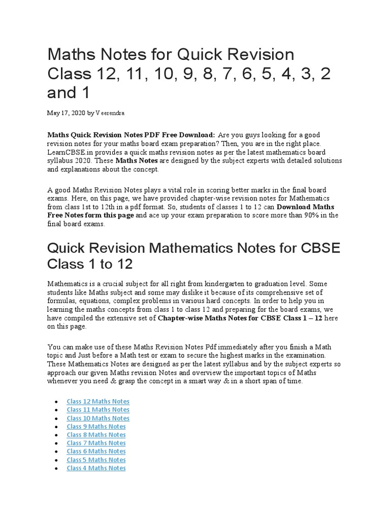 Maths Notes For Quick Revision Class 12, 11, 10, 9, 8, 7, 6, 5, 4, 3, 2 ...