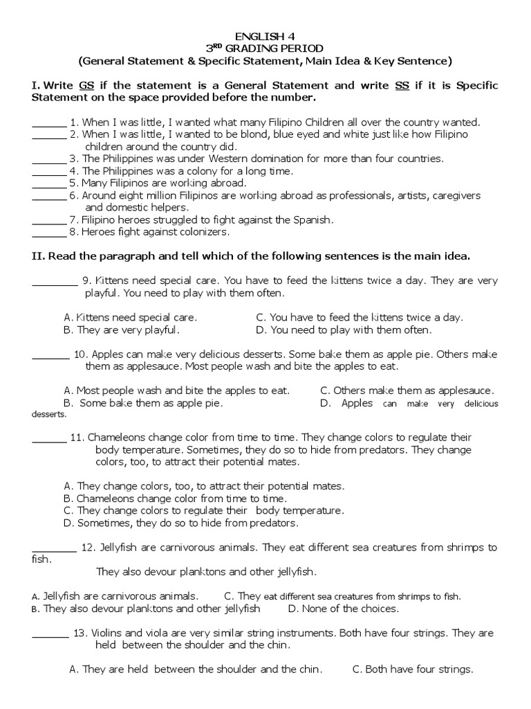 ENGLISH 4 (General & Specific Sentence, Main Idea & Key Sentence) ) | PDF
