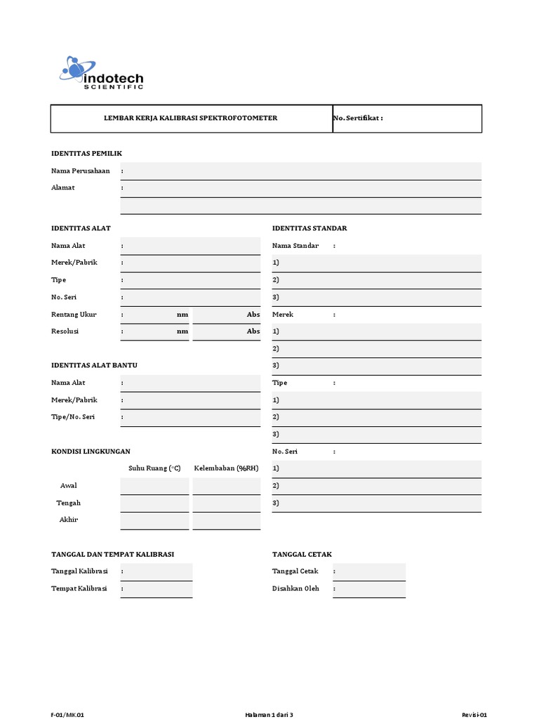 F-01.MK.01 LK Kalibrasi Spektrofotometer - Rev-01 | PDF