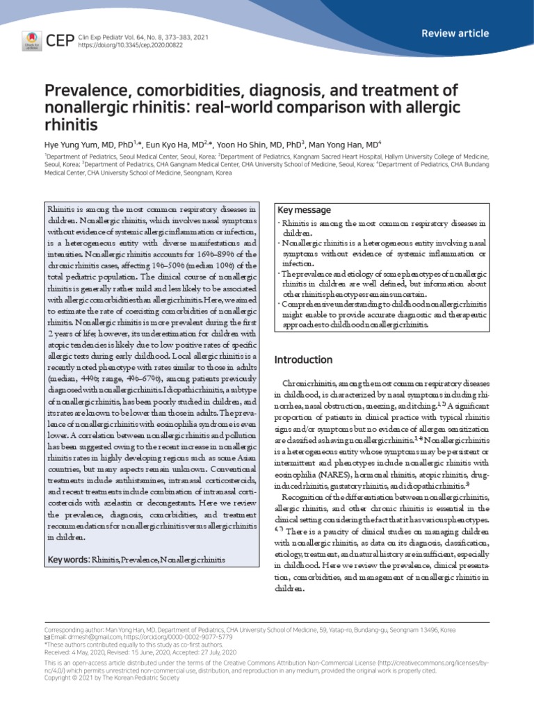 Prevalence, Comorbidities, Diagnosis, and Treatment of Nonallergic ...