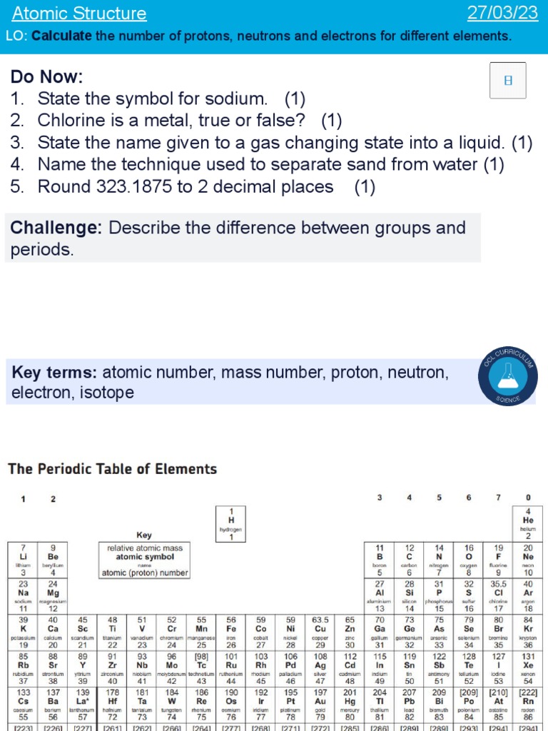 Wednesday - Year 7 - Science - Atomic Structure | PDF | Atoms | Proton