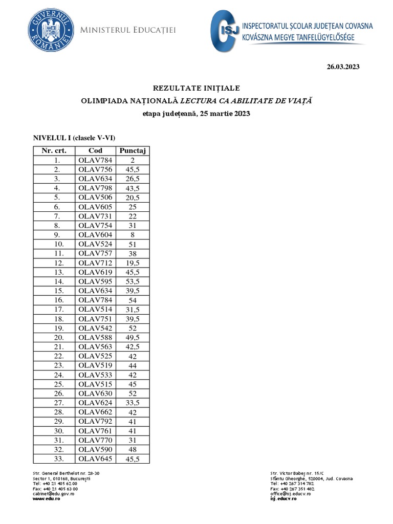 Rezultate Inițiale OLAV 2023 PDF | PDF
