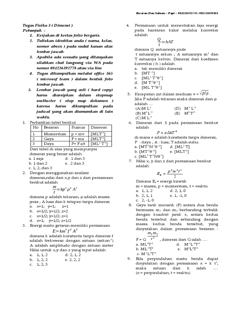 Soal Dimensi Fisika Kelas 10 | PDF