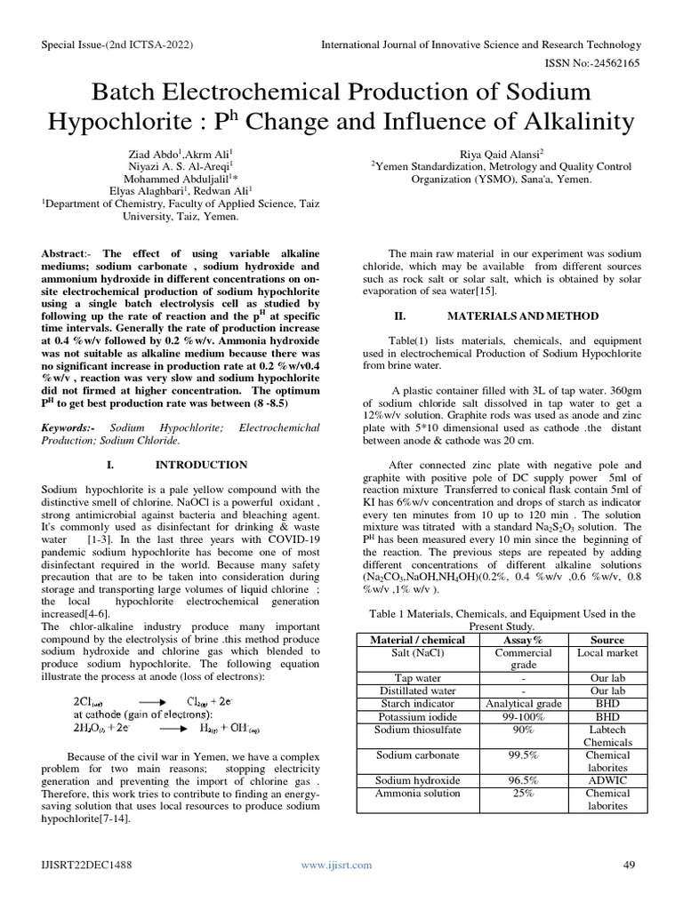 Batch Electrochemical Production of Sodium Hypochlorite PH Change and Influence of Alkalinity ...