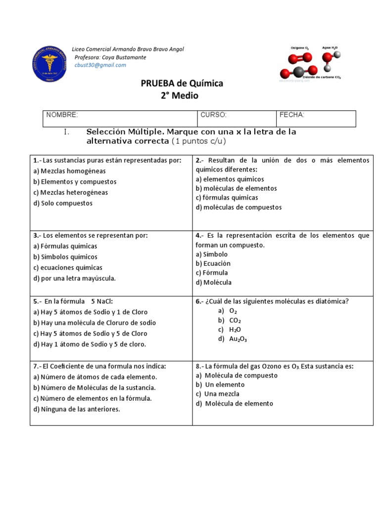 Prueba de Química 2° Medio (1) | PDF | Elementos químicos | Moléculas