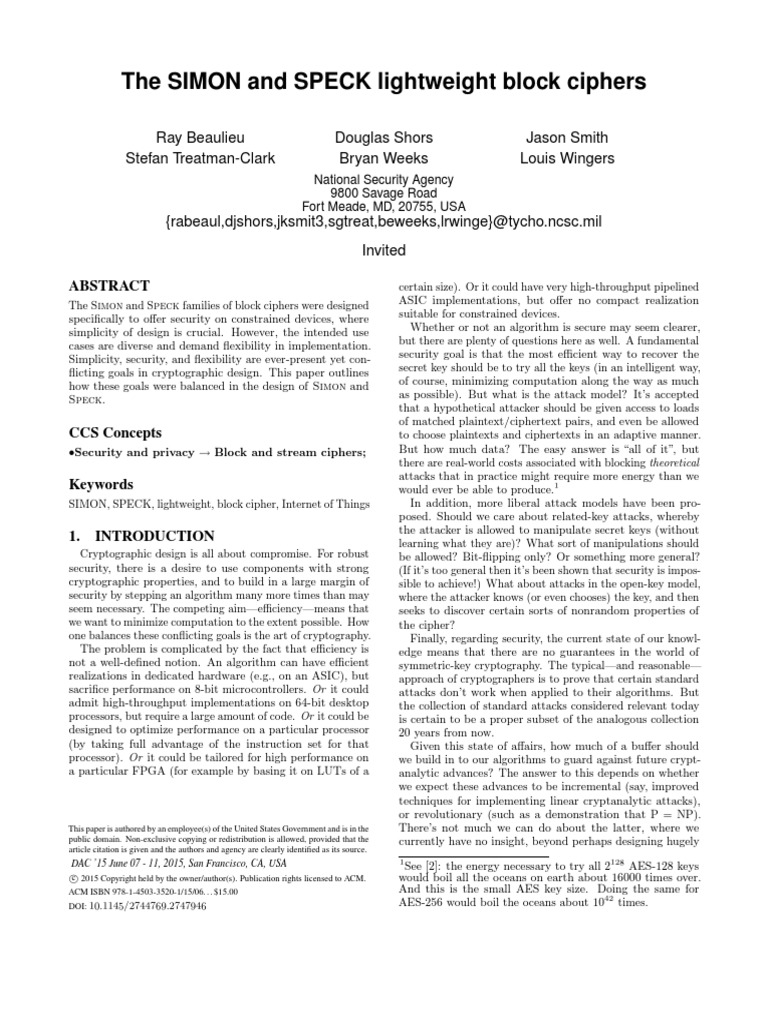 2015 The SIMON and SPECK Lightweight Block Ciphers | PDF | Cryptography ...