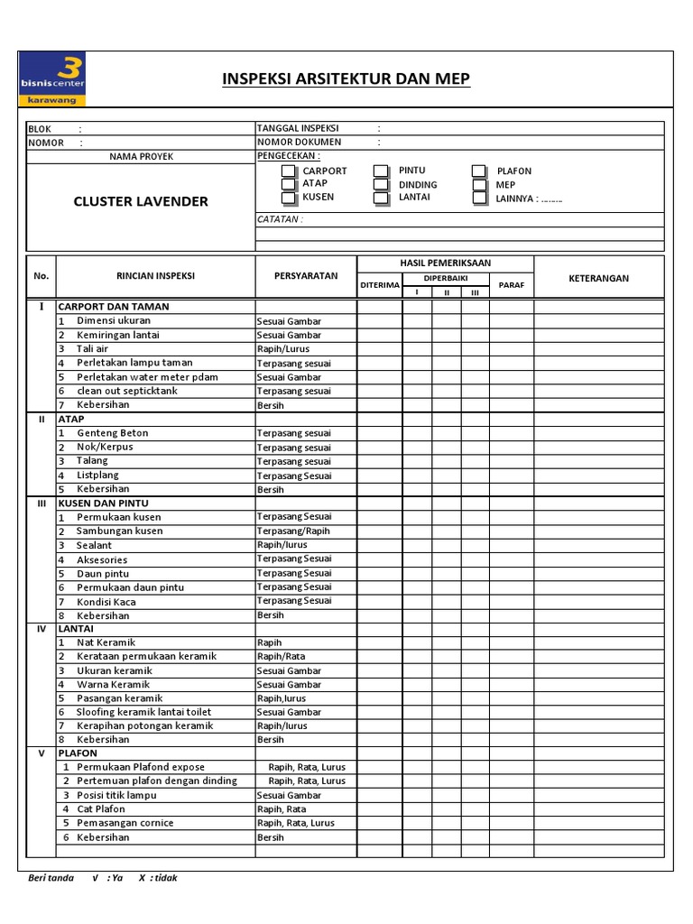 Checklist Inspeksi Arsitektur Carport | PDF