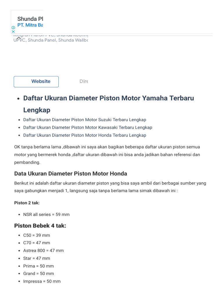 Daftar Ukuran Diameter Piston Motor Honda Terbaru Lengkap | PDF