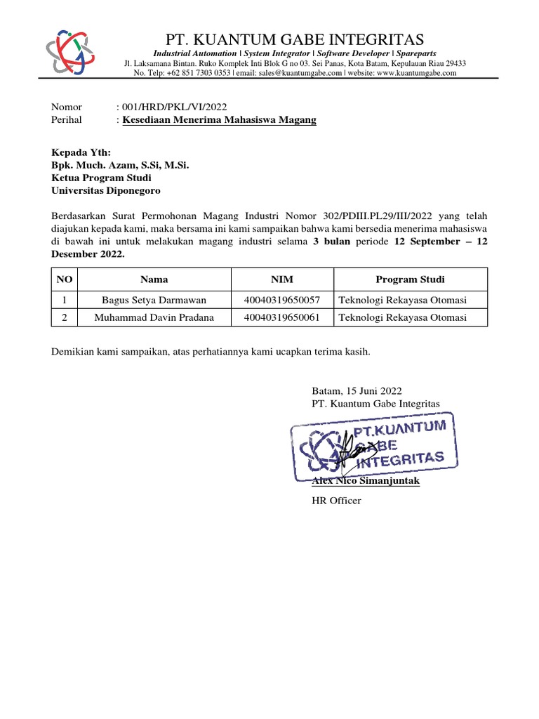 Surat Penerimaan Magang | PDF