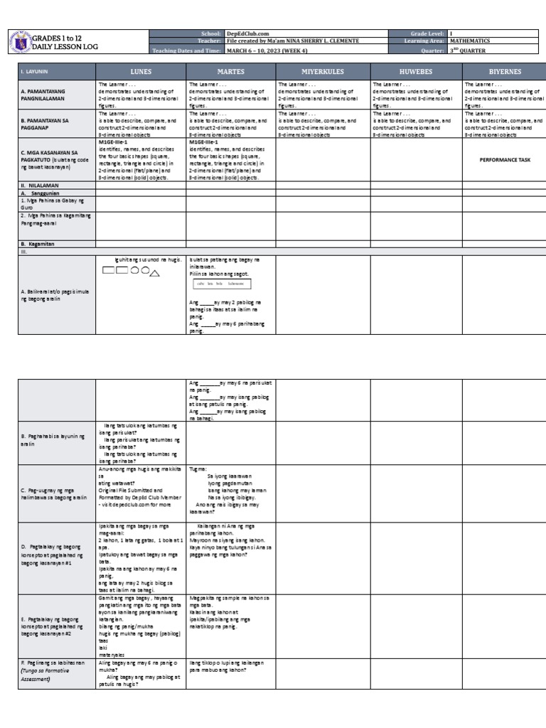 DLL - Mathematics 1 - Q3 - W4 | PDF | Learning