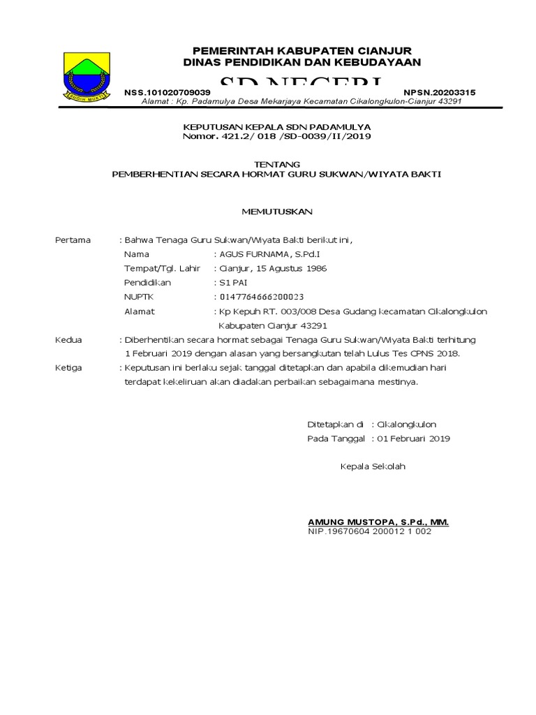 SK Pemberhentian Agus - 2019 | PDF