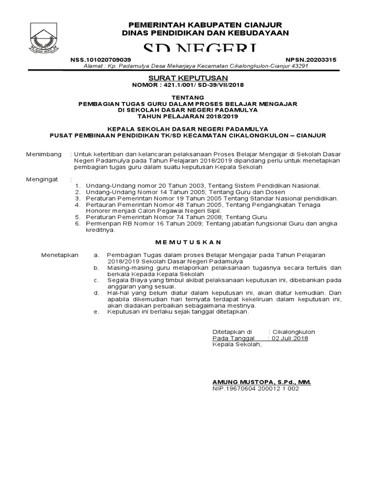 SK PEMBAGIAN TUGAS 2018-AGUS-KOP DINAS | PDF