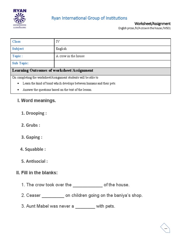 A Crow in the House: An English Worksheet Analyzing Vocabulary ...