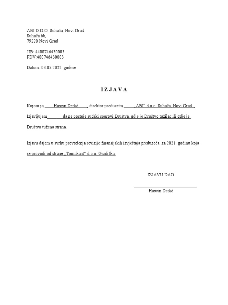 Izjava o sudskim sporovima.docx | PDF