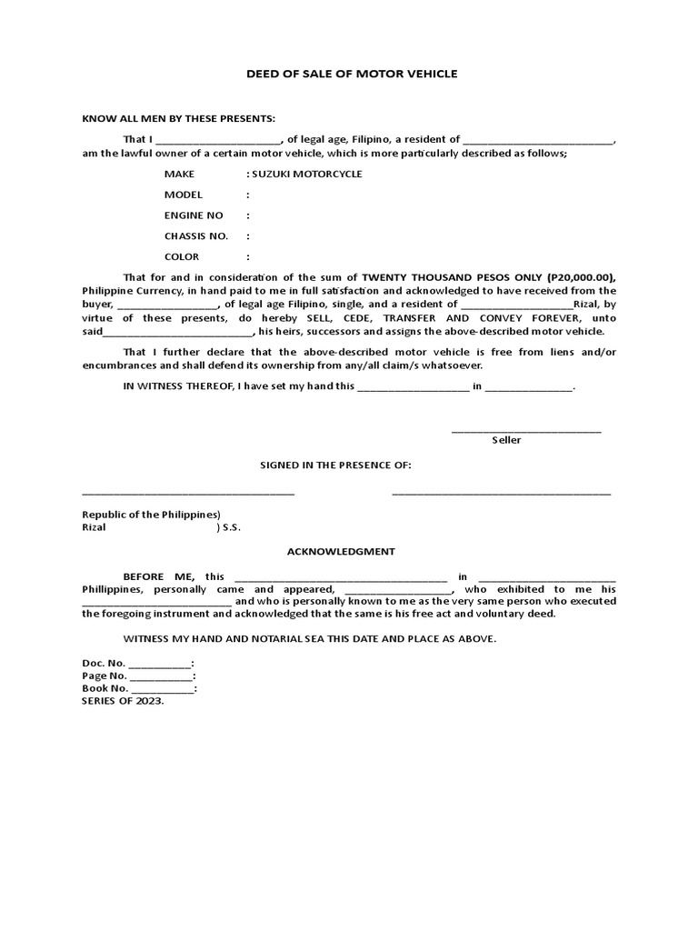 Deed of Sale Motor Vehicle | PDF