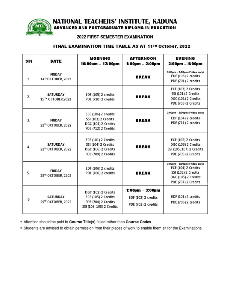 2021-2022 1st Sem PGDE Exams Time-Table PDF | PDF