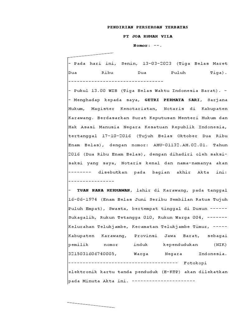 Surat Pendirian PT. JOA Rumah Vila | PDF