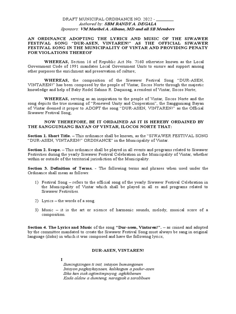 Draft Municipal Ordinance No. 2022-08 (Dur-Asen, Vintaren!) | PDF ...