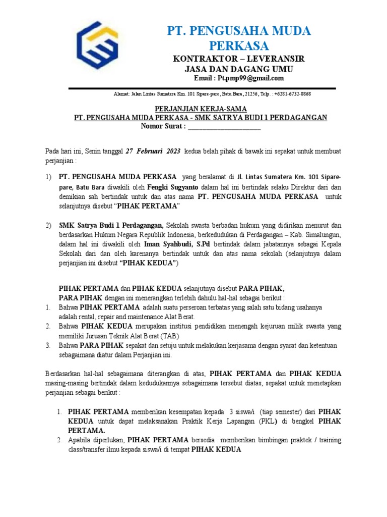 MoU PT Pengusaha Muda Perkasa Perbaikan | PDF