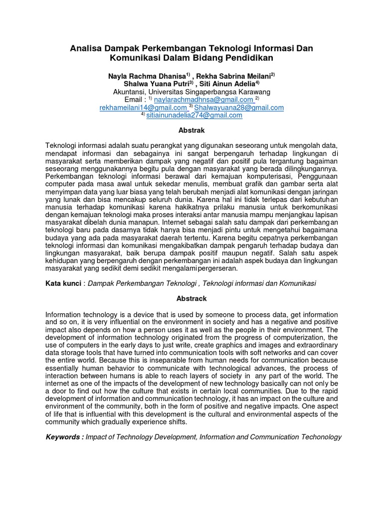Analisa Dampak Perkembangan Teknologi Informasi Dan Komunikasi Dalam Bidang Pendidikan PDF | PDF