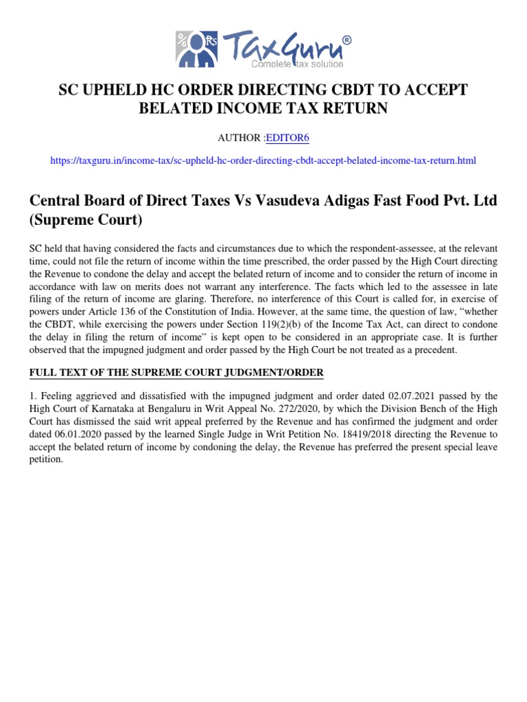SC Upheld HC Order Directing CBDT To Accept Belated Income Tax Return ...