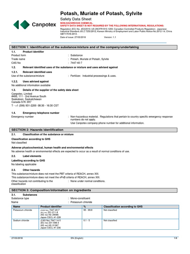 Canpotex Global SDS - Valid To MAR 2021 MOP | PDF | Dangerous Goods ...
