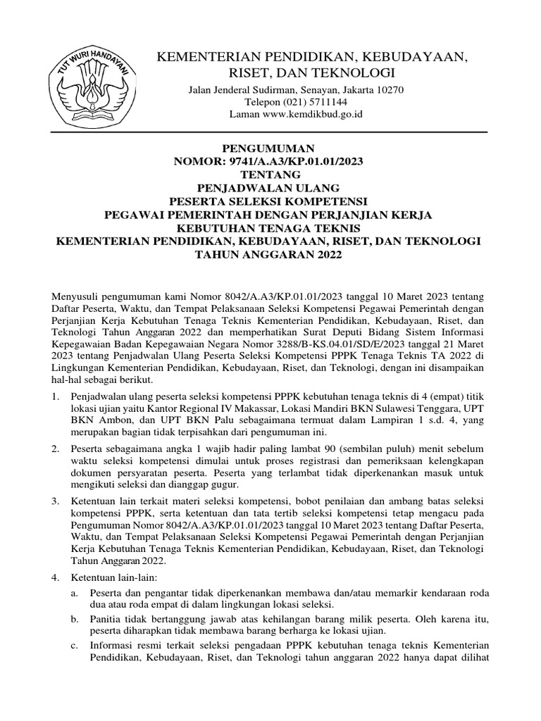 Pengumuman Penjadwalan Ulang Peserta Seleksi Kompetensi - Share | PDF Pengumuman Penjadwalan Ulang Peserta Seleksi Kompetensi - Share | PDF