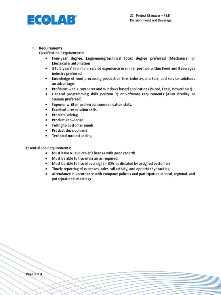 Ecolab - Food & Beverages Project Manager | PDF | Business | Computers