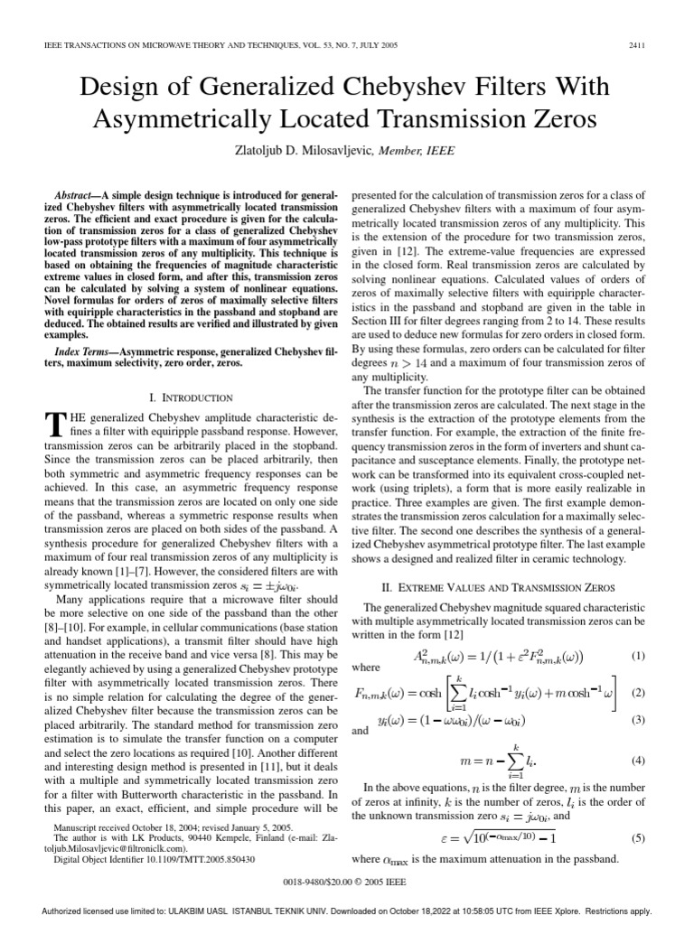 Design of Generalized Chebyshev Filters With Asymmetrically Located ...