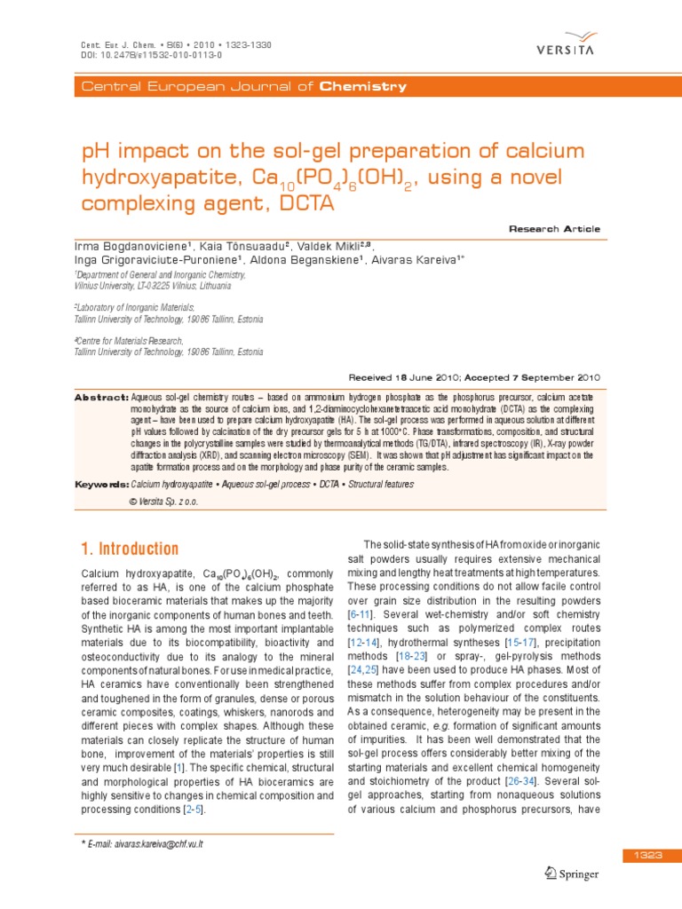 PH Impact On The Sol Gel Preparation of Calcium Hydroxyapatite Ca10 Po4 6 Oh 2 Using A Novel ...