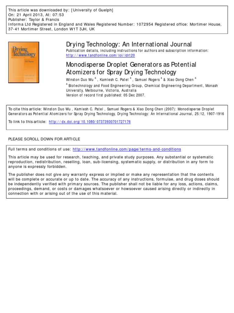 Monodisperse Droplet Generators As Potential Atomizers For Spray Drying ...