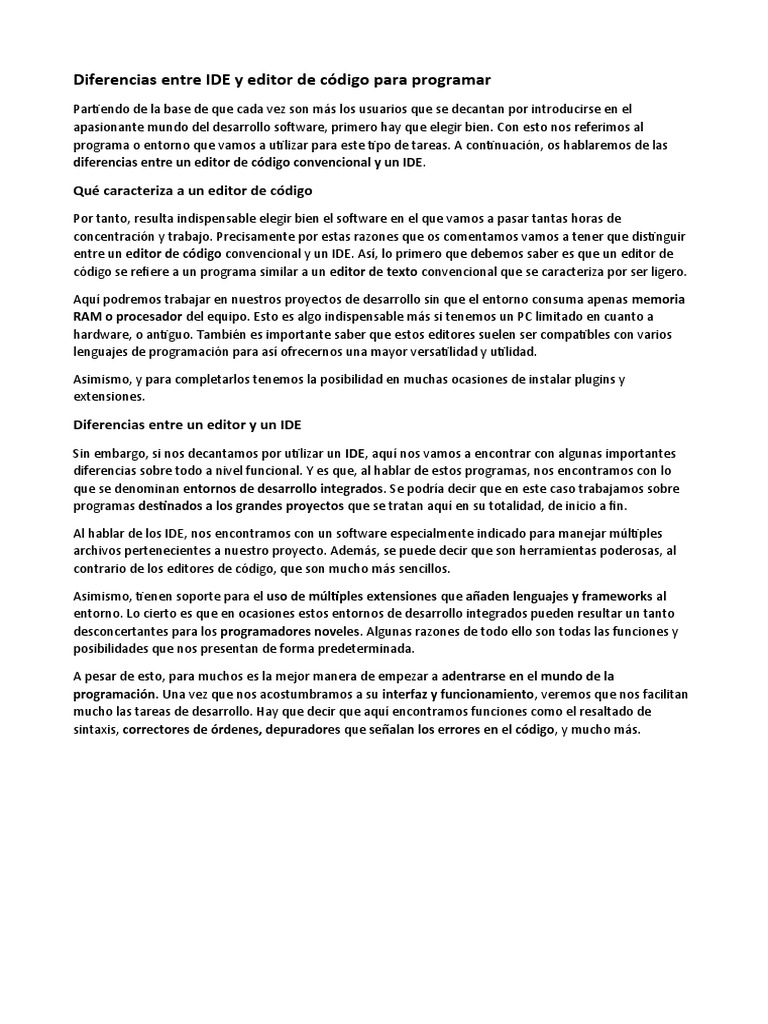 Diferencias Entre IDE y Editor de Código para Programar | PDF | Entorno ...