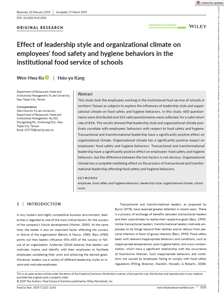 Food Science Nutrition - 2019 - Ko - Effect of leadership style and ...
