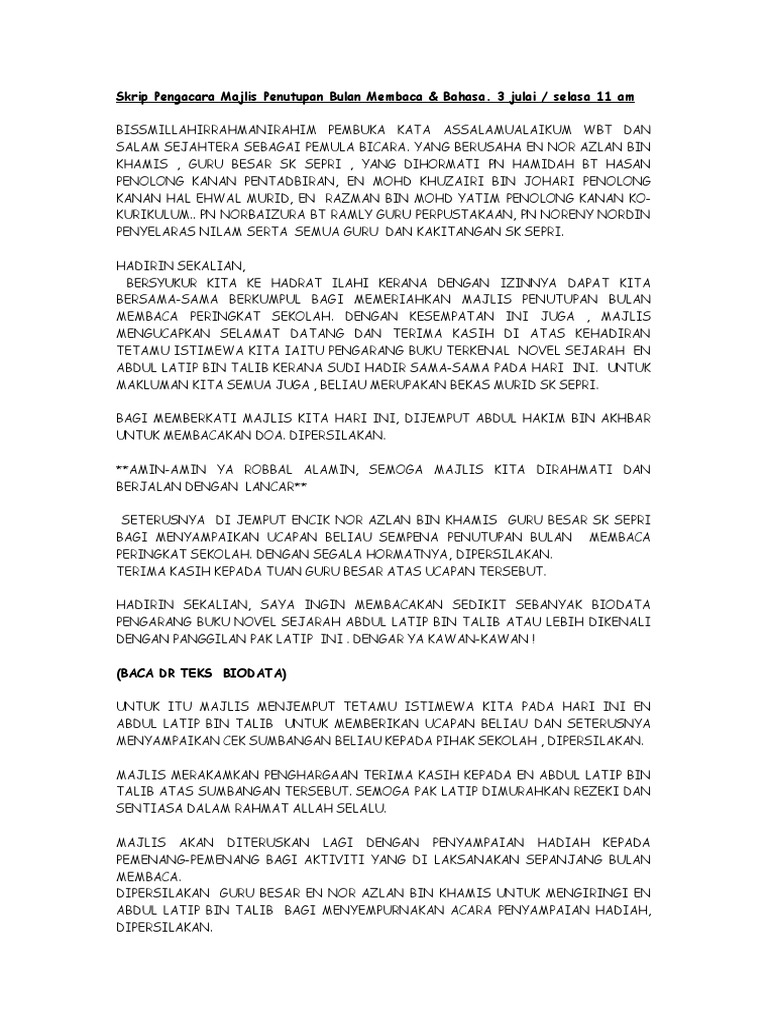 Skrip Pengacara Majlis Penutupan Bulan Membaca | PDF | Agama ...
