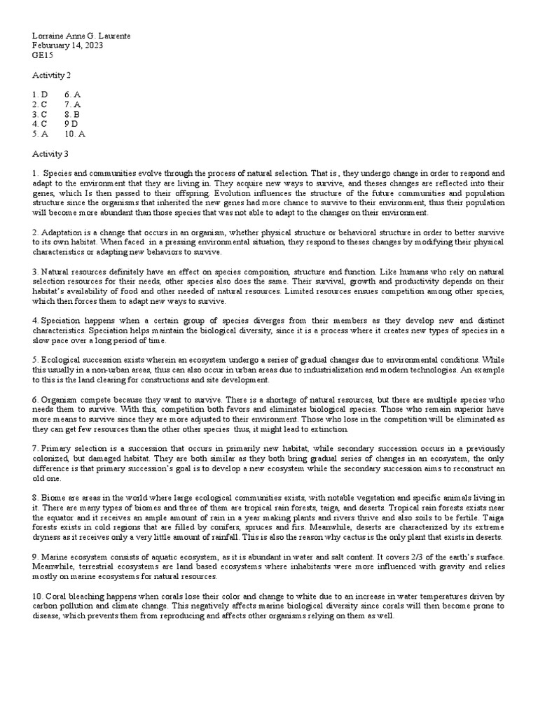 Assignment in Environmental Science | PDF | Ecosystem | Evolution