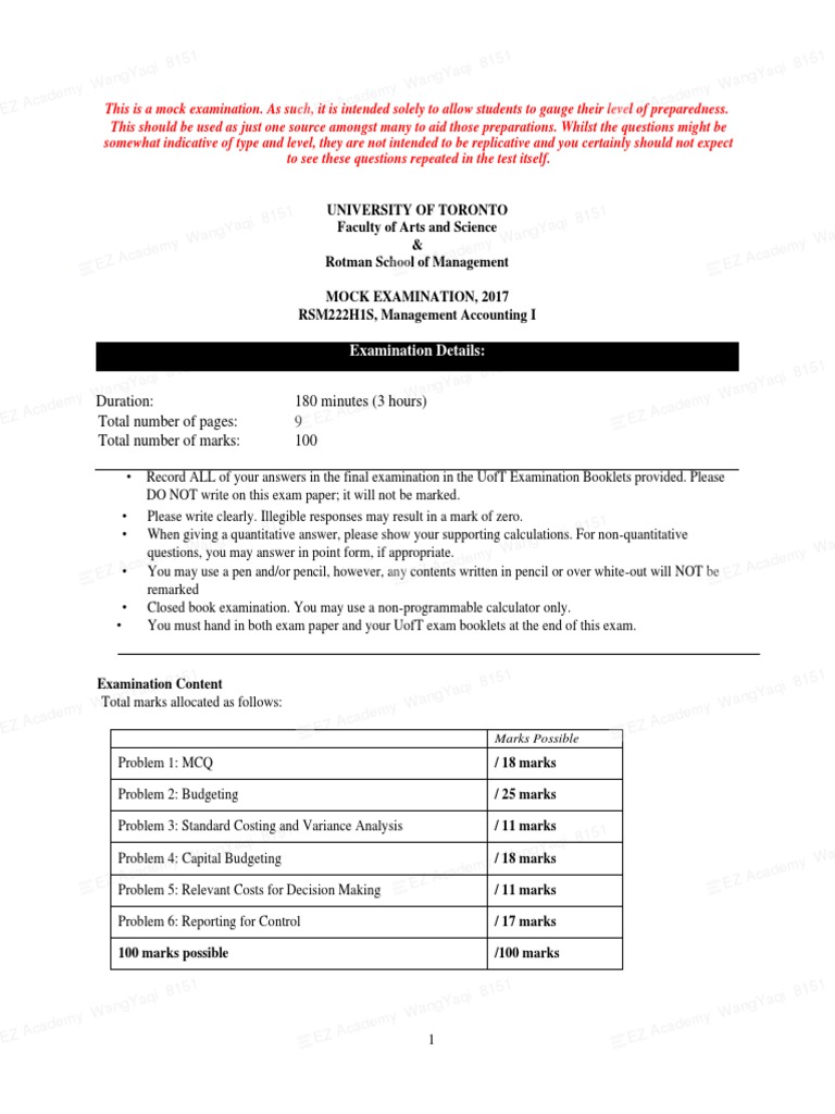UofT 2017 Management Accounting Mock Exam | PDF | Business Economics ...