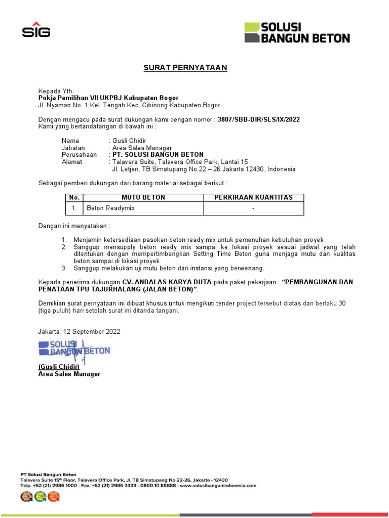 3807SBB DIRSLSIX2022 CV ANDALAS KARYA DUTA BSM Pernyataan Jaminan | PDF