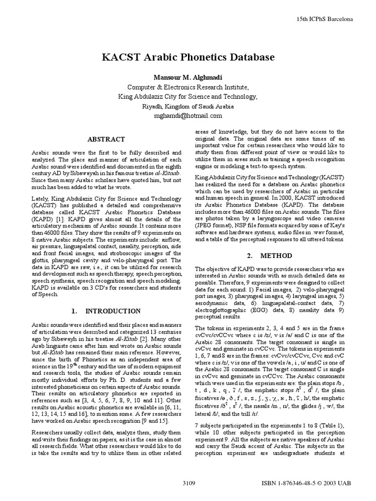 Arabic Phonetic Database | PDF | Phonetics | Speech