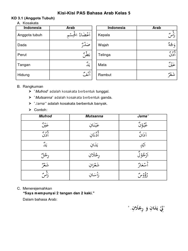 Kisi-Kisi PAS Bahasa Arab 5 | PDF