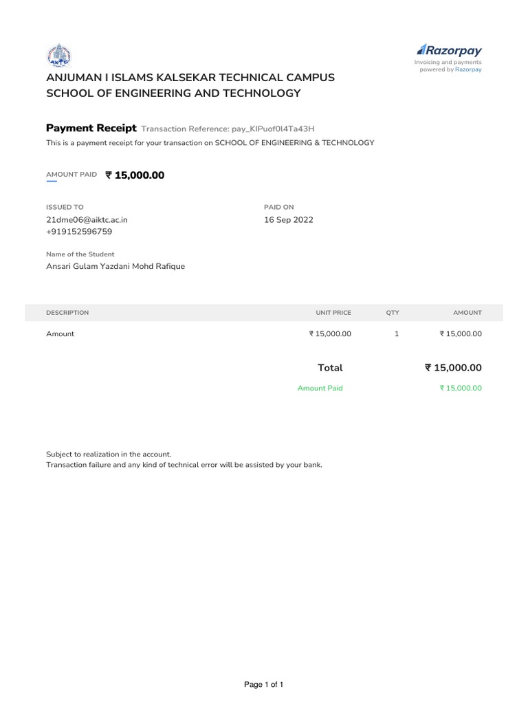 Receipt Pay - KIPuof0l4Ta43H From ANJUMAN I ISLAMS KALSEKAR TECHNICAL CAMPUS SCHOOL OF ...