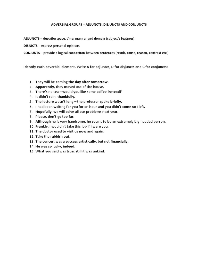 Adjuncts, Conjuncts, Disjuncts - Sentences For Practise | PDF