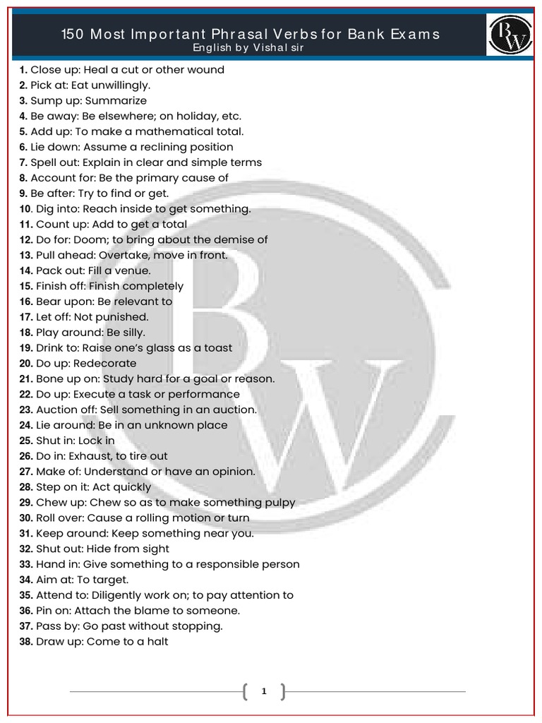 150 Most Important Phrasal Verbs For Bank Exams | PDF