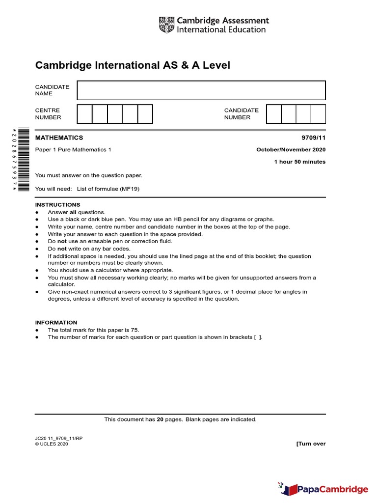 Cambridge International AS & A Level: Mathematics 9709/11 | PDF ...