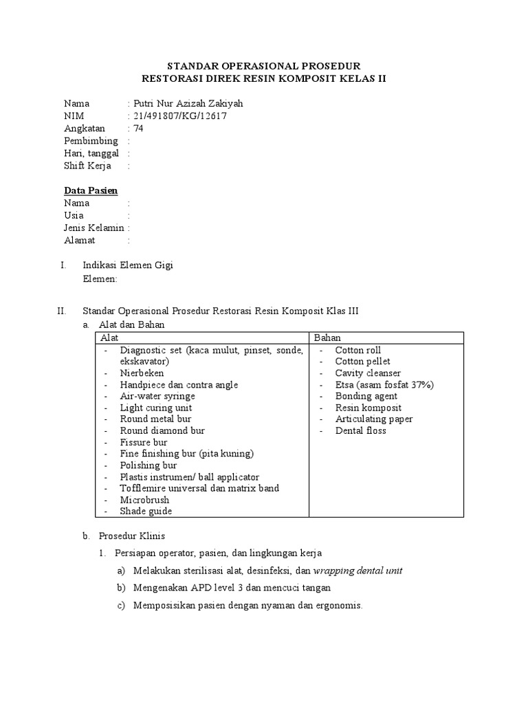 SOP Restorasi RK Klas II Klinik | PDF